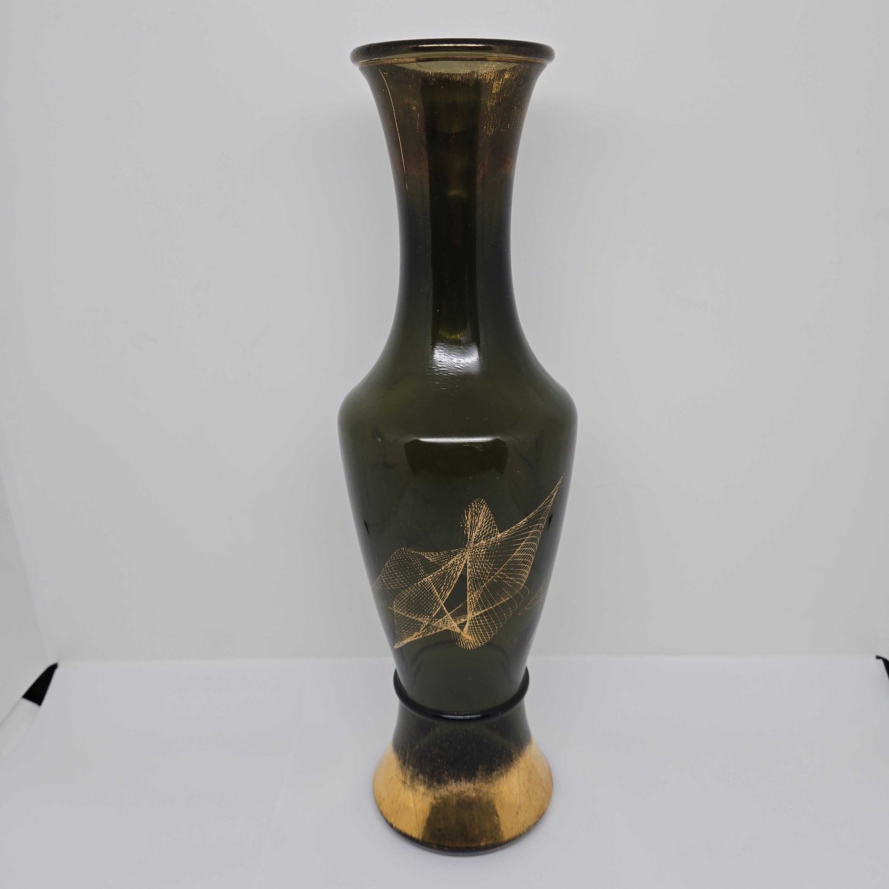 Wheatonware Retro 1970s Olive Green with Gold Accents Glass Vase, 11"