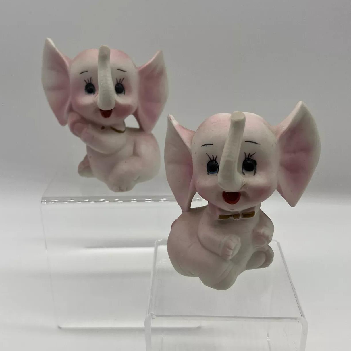 Vintage Pink Elephant Figurines Large Ears Trunks Up Bisque with ...