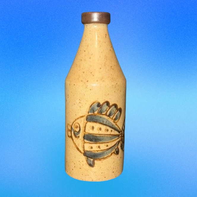 Vintage Japanese Speckled Pottery Fish Design Bud Vase, 6”