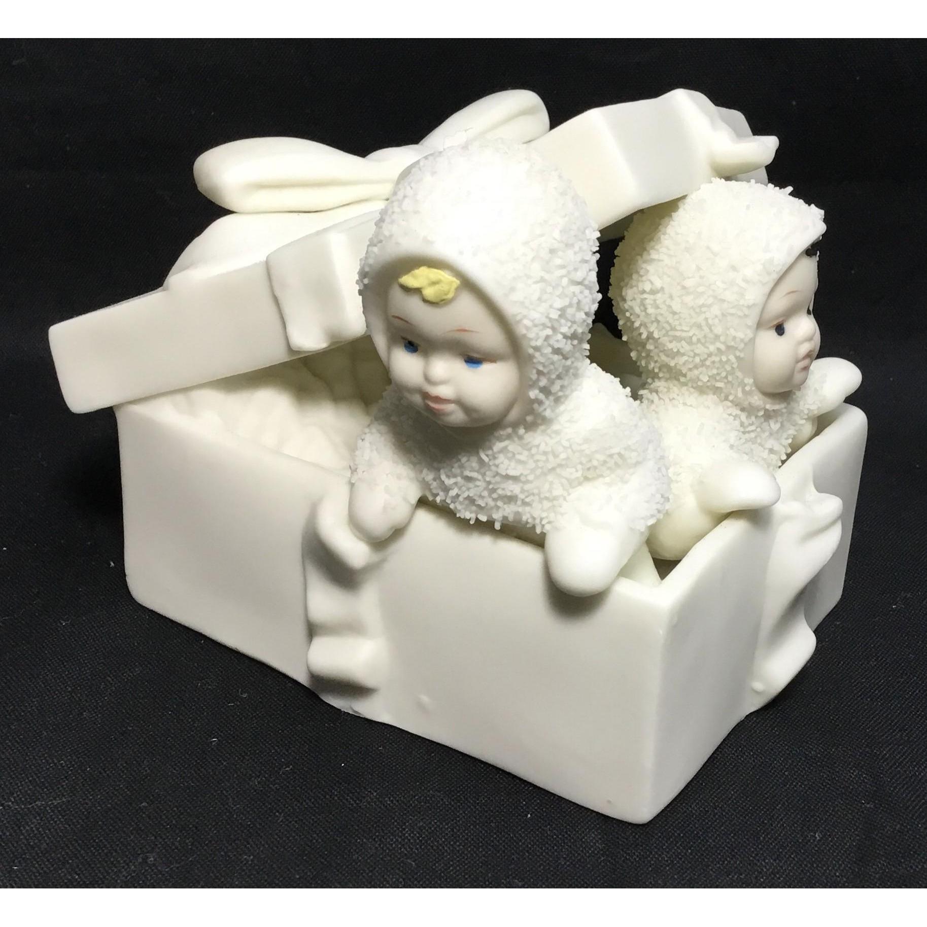 Vintage 1987 Dept. 56 Snow Babies playing in gift box, Christmas