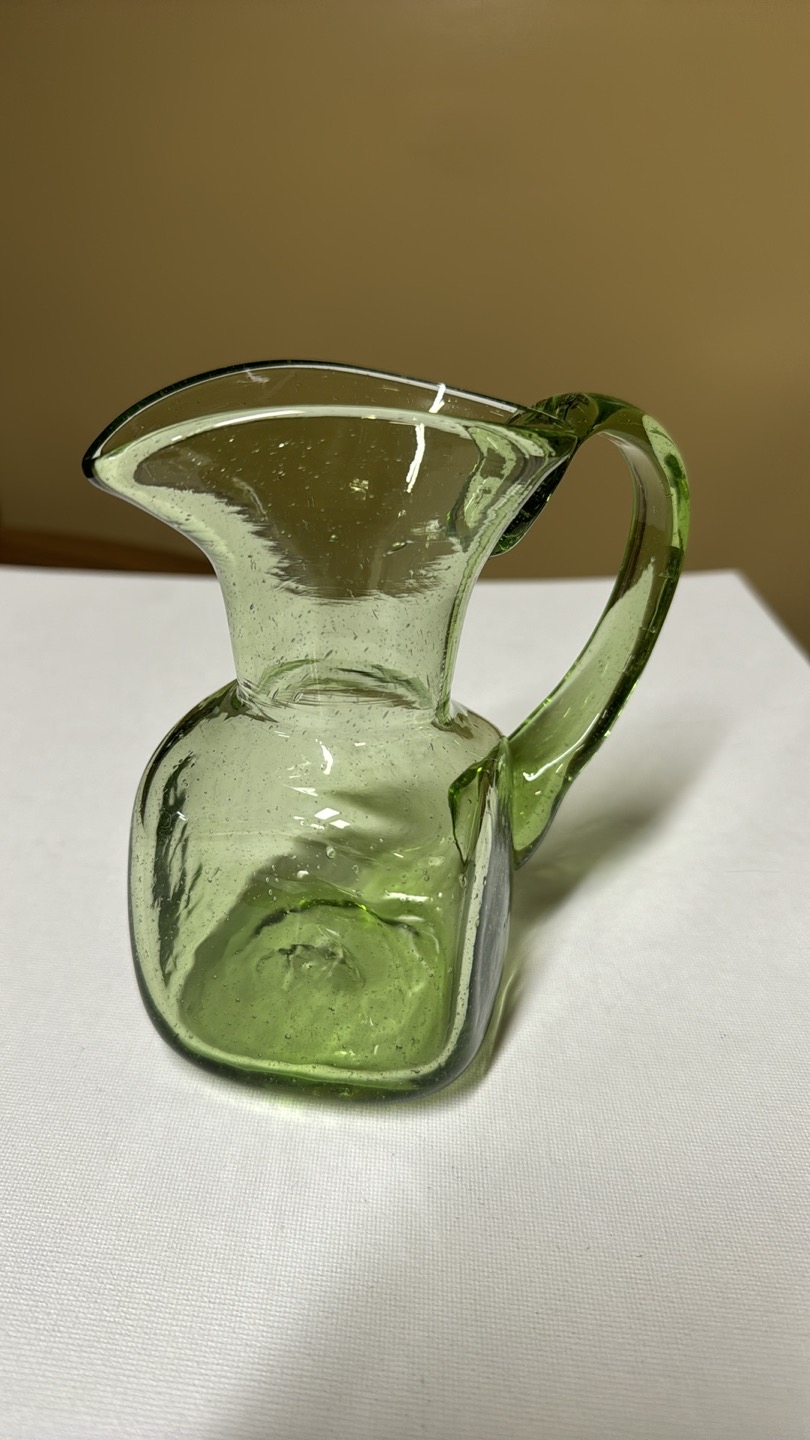 Sold Hand Blown Green Jamestown Glass Pitcher Square Applied Handle ...