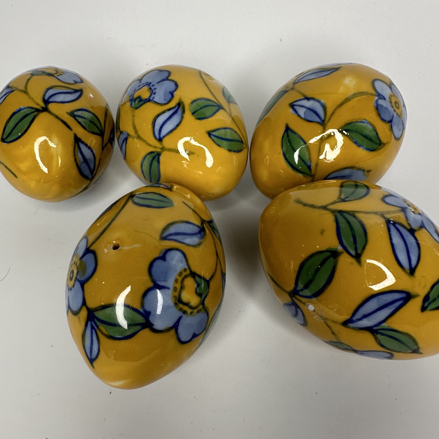 5 Yellow Blue Painted Ceramic Porcelain Eggs Floral
