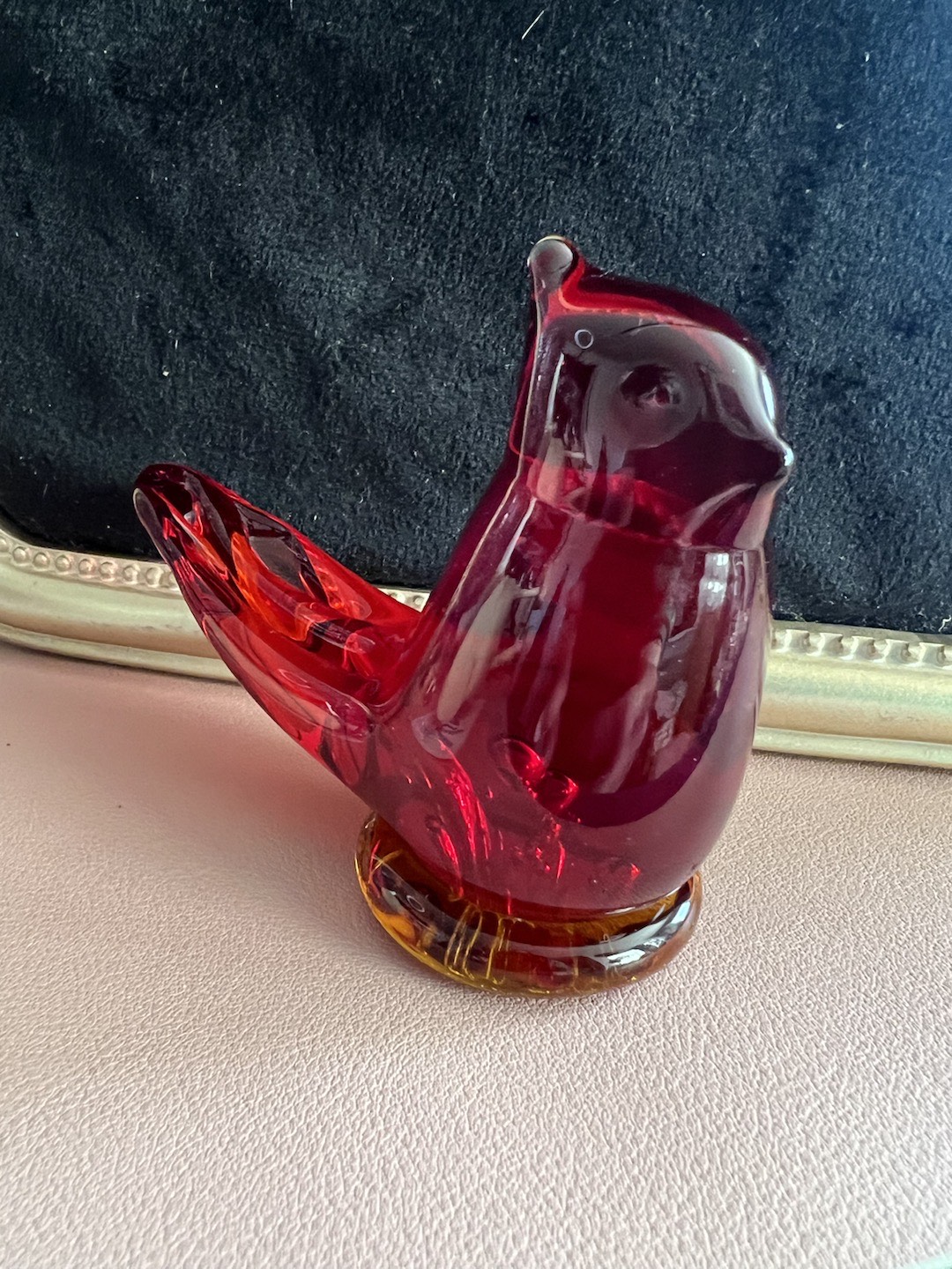 #04 Signed Red Bird Cardinal Paperweight With UV Glow