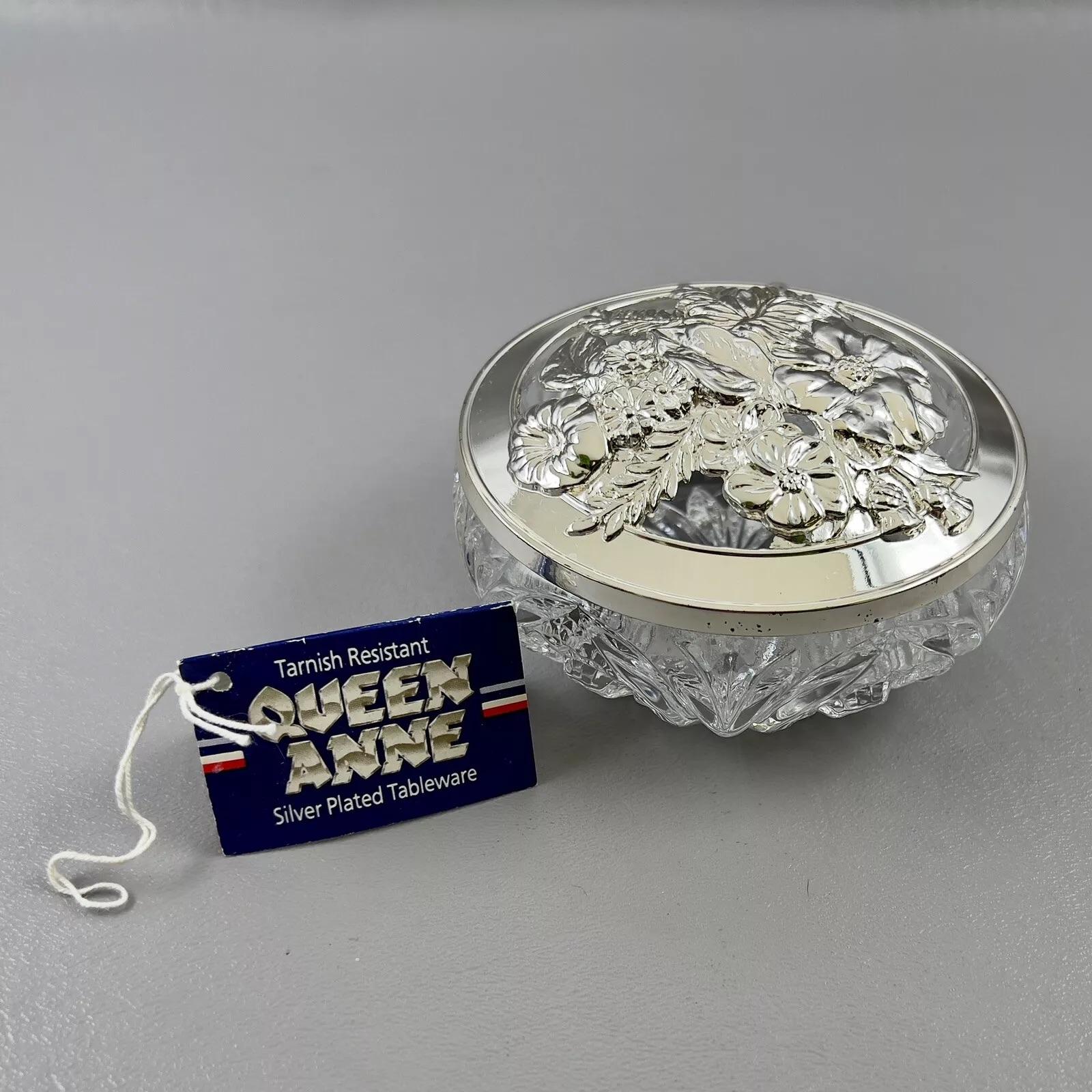 045 Vintage Queen Anne Glass Trinket Dish With Silver Plated Lid 5"X2.5 ...