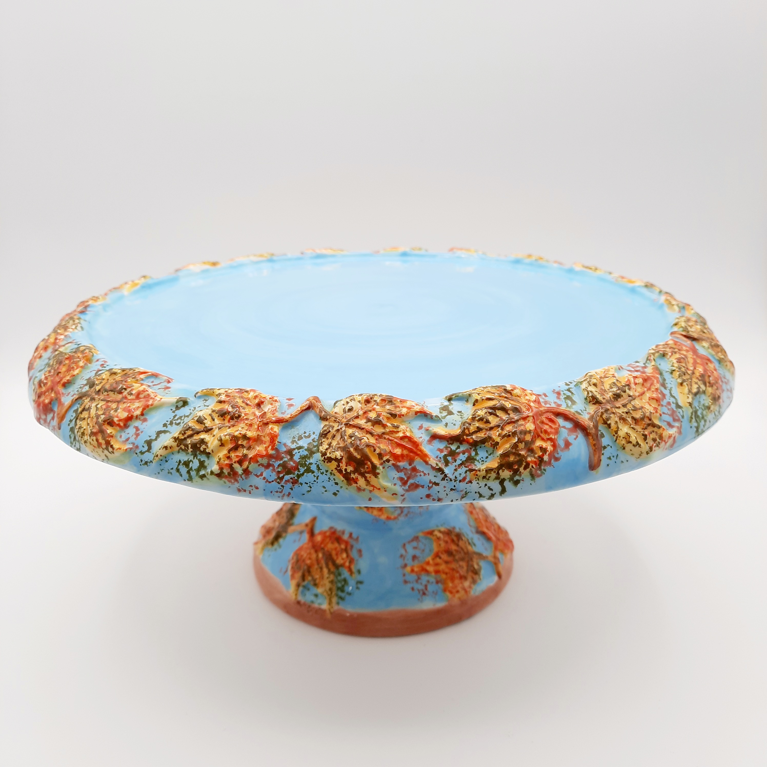 Blue Pedestal Cake Plate Stand w/Multi-colored Leaf Design by WCL