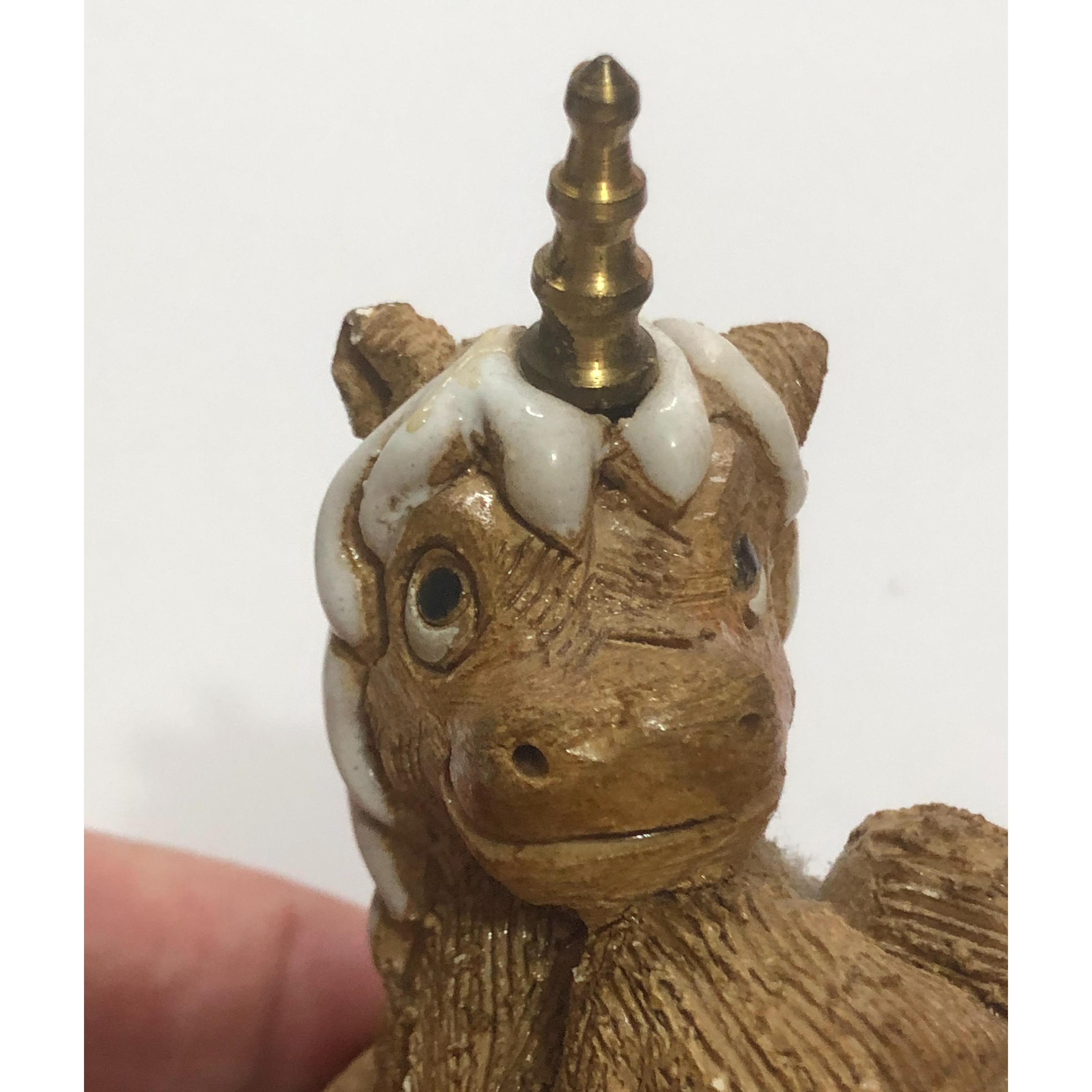 Artesania Rinconada Art Pottery Figurine Unicorn Signed Uruguay Metal Horn