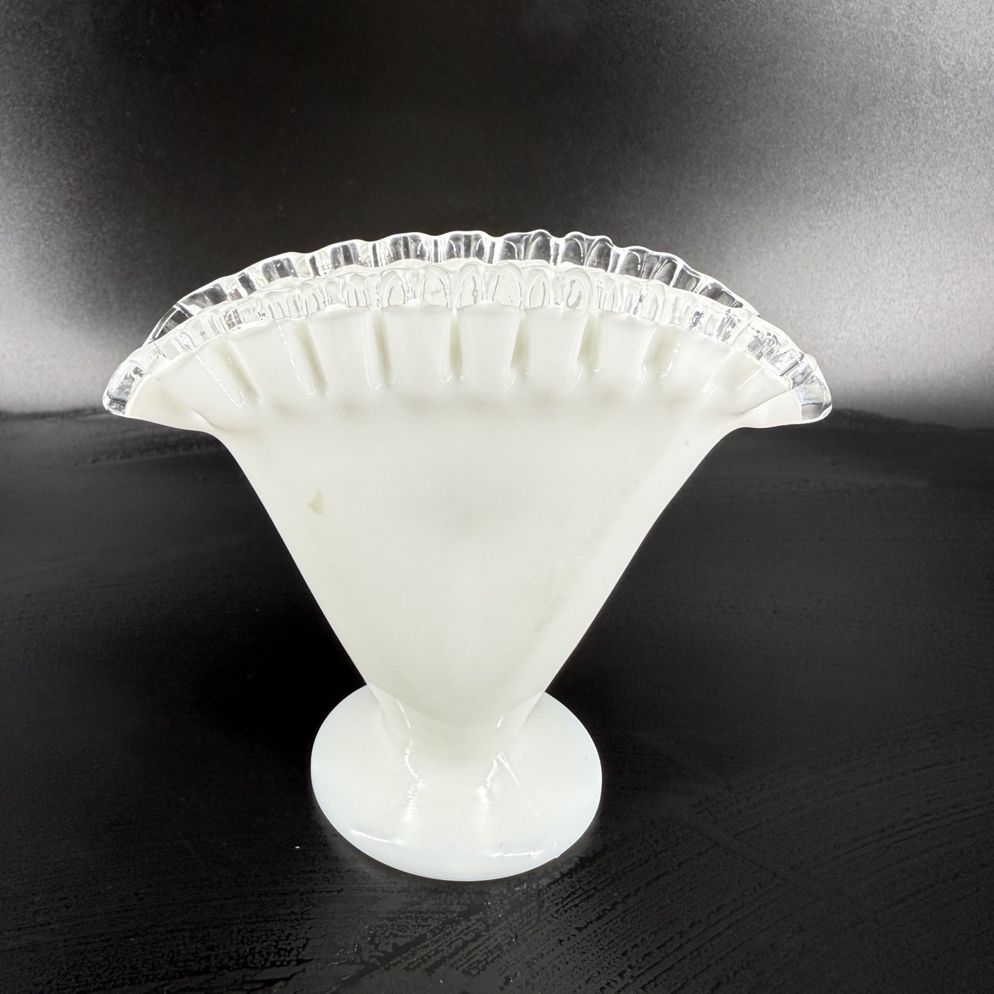 24. Silver Crest Mini Milk Glass Fenton Fan Vase