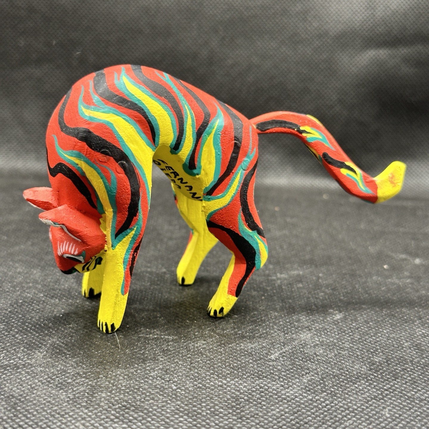 Oaxacan Wood Carving Tiger at Stripes Vivid Colors Folk Art Fernando Ojeda