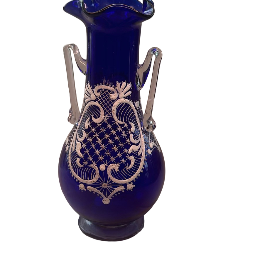 Very Pretty hand Blown Cobalt Blue And White Hand Painted