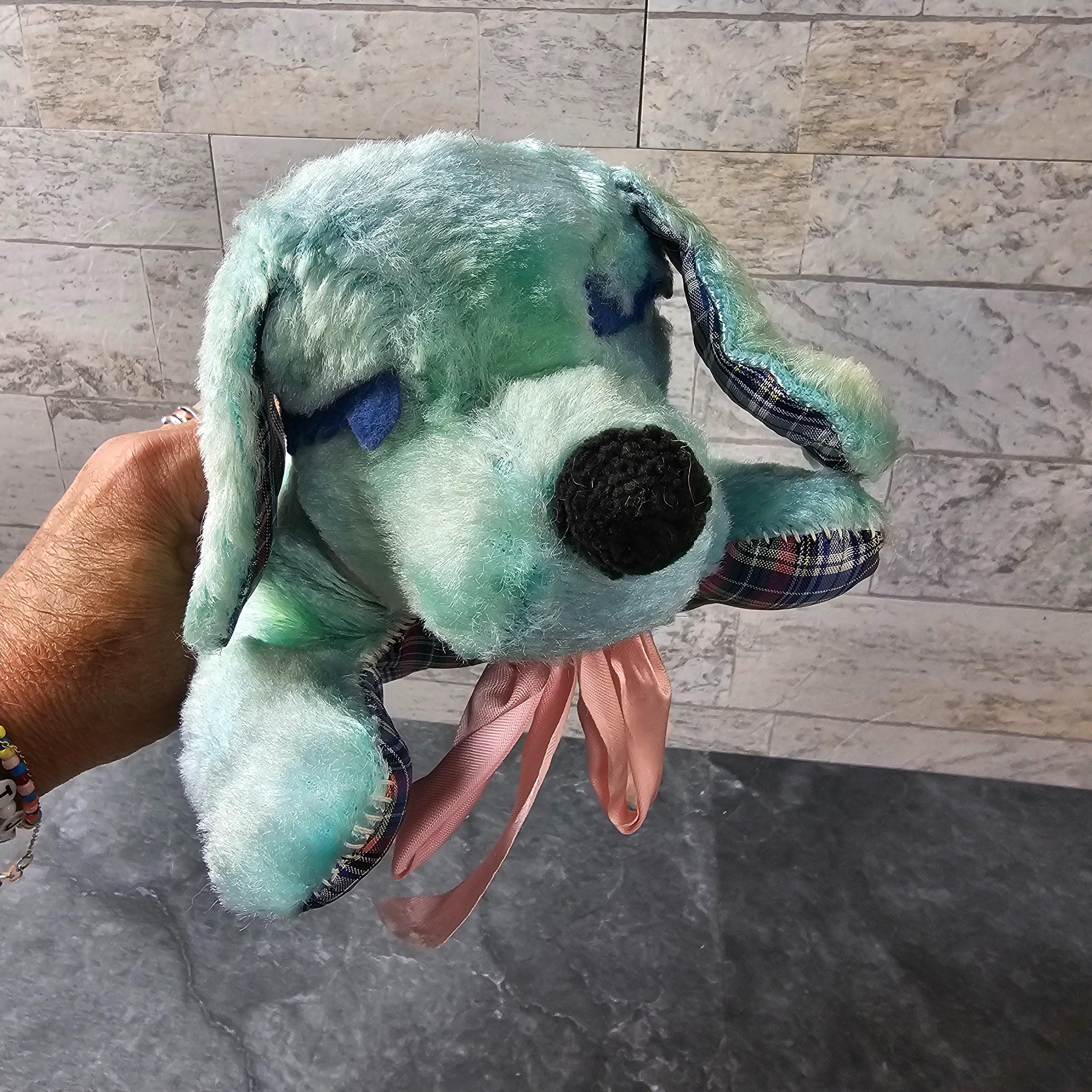 Vintage 1950's Teal Blue Plush Dog with Plaid Ears and Pink Ribbon