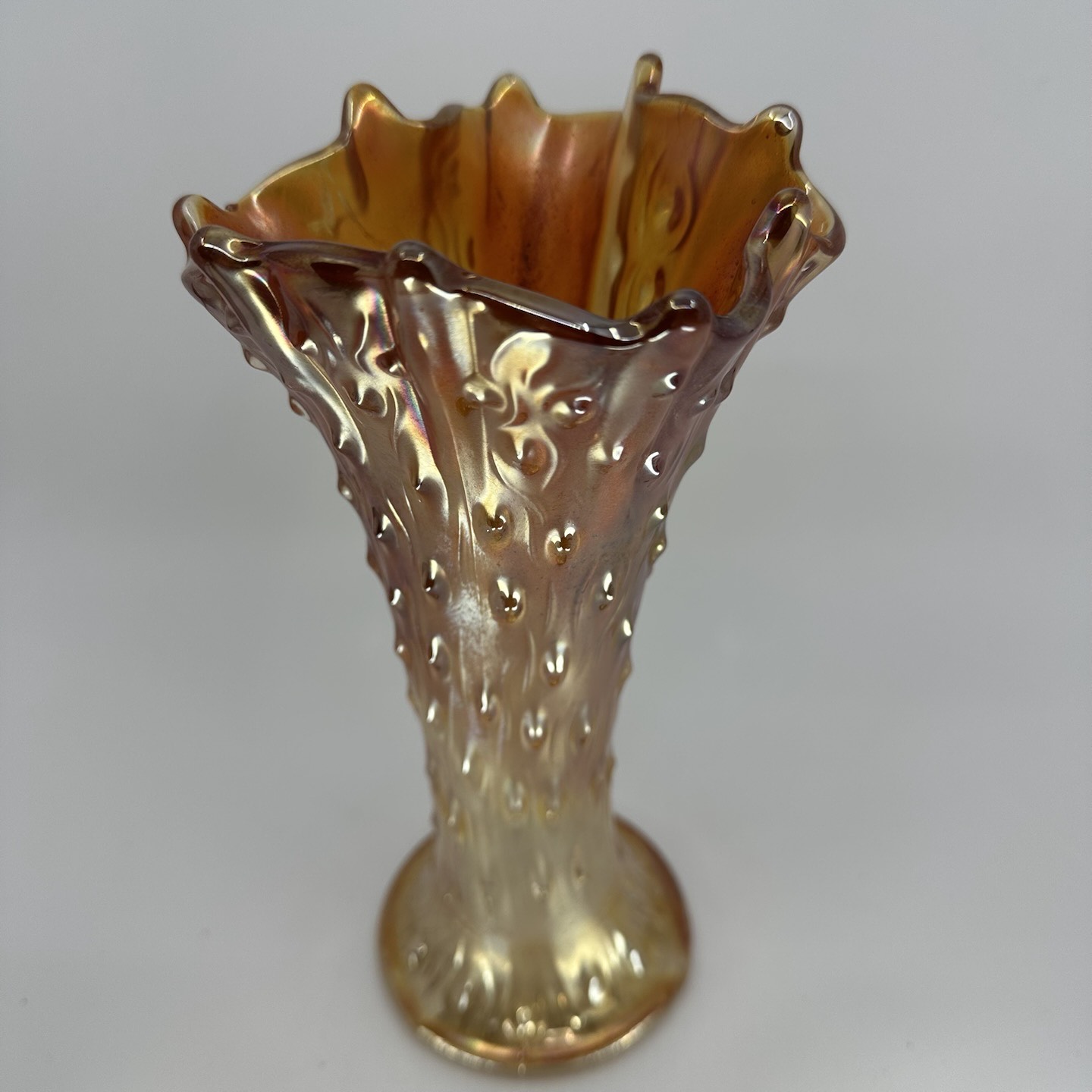 Vintage Northwood Marigold Carnival Glass Tree Trunk Vase 9”