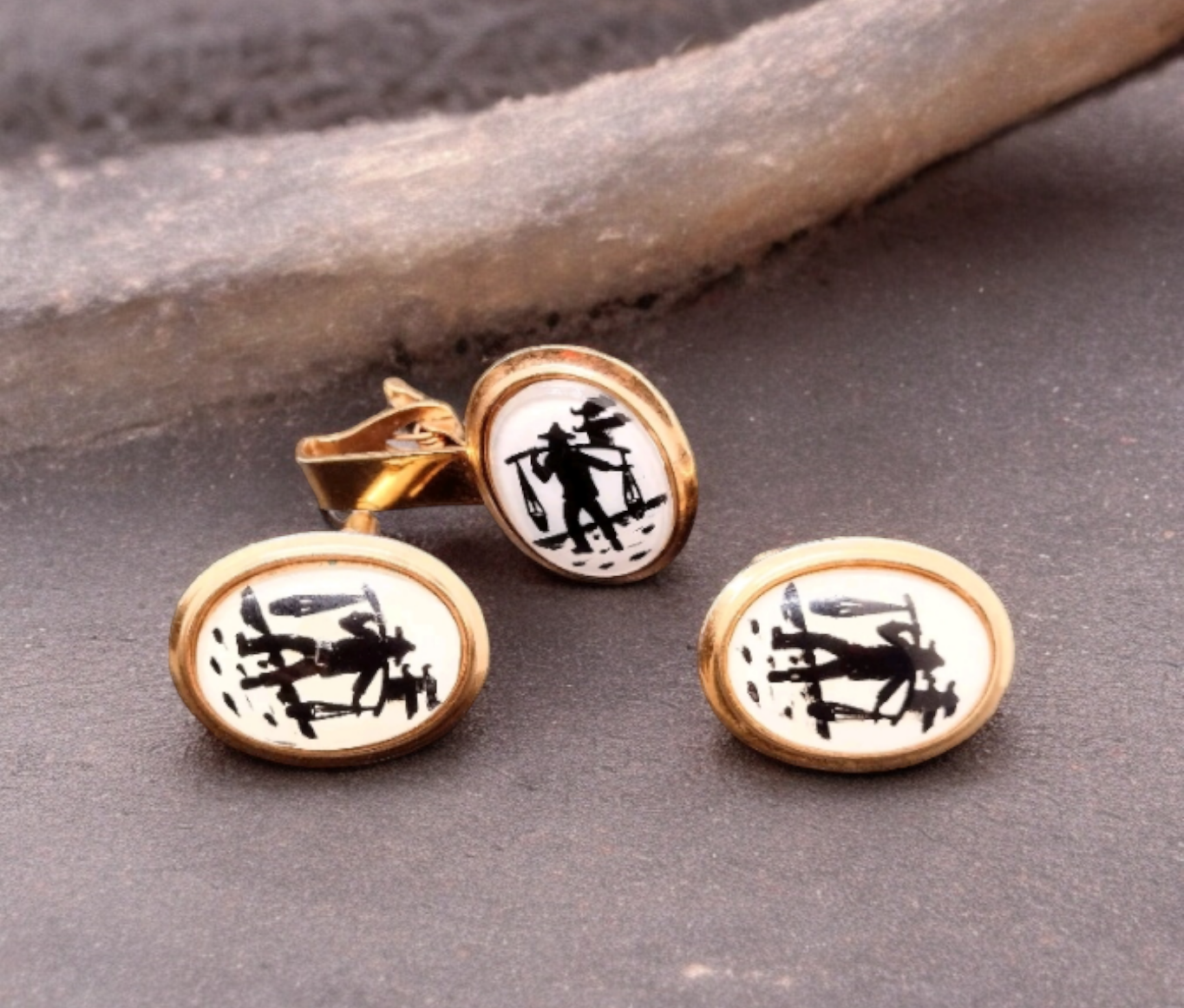 Vintage Intaglio Asian Scene Cuff Links Tie Clip Set Glass Cased Gold ...
