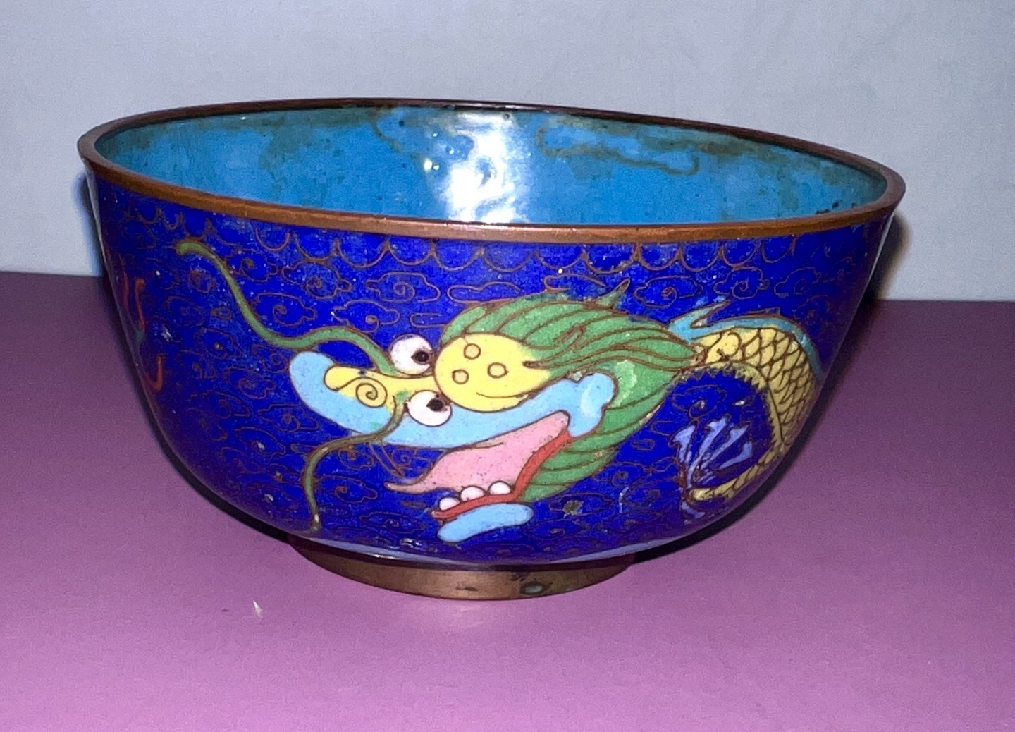 Antique Chinese Cloisonné Rice Bowl Enameled Five Toe Dragon