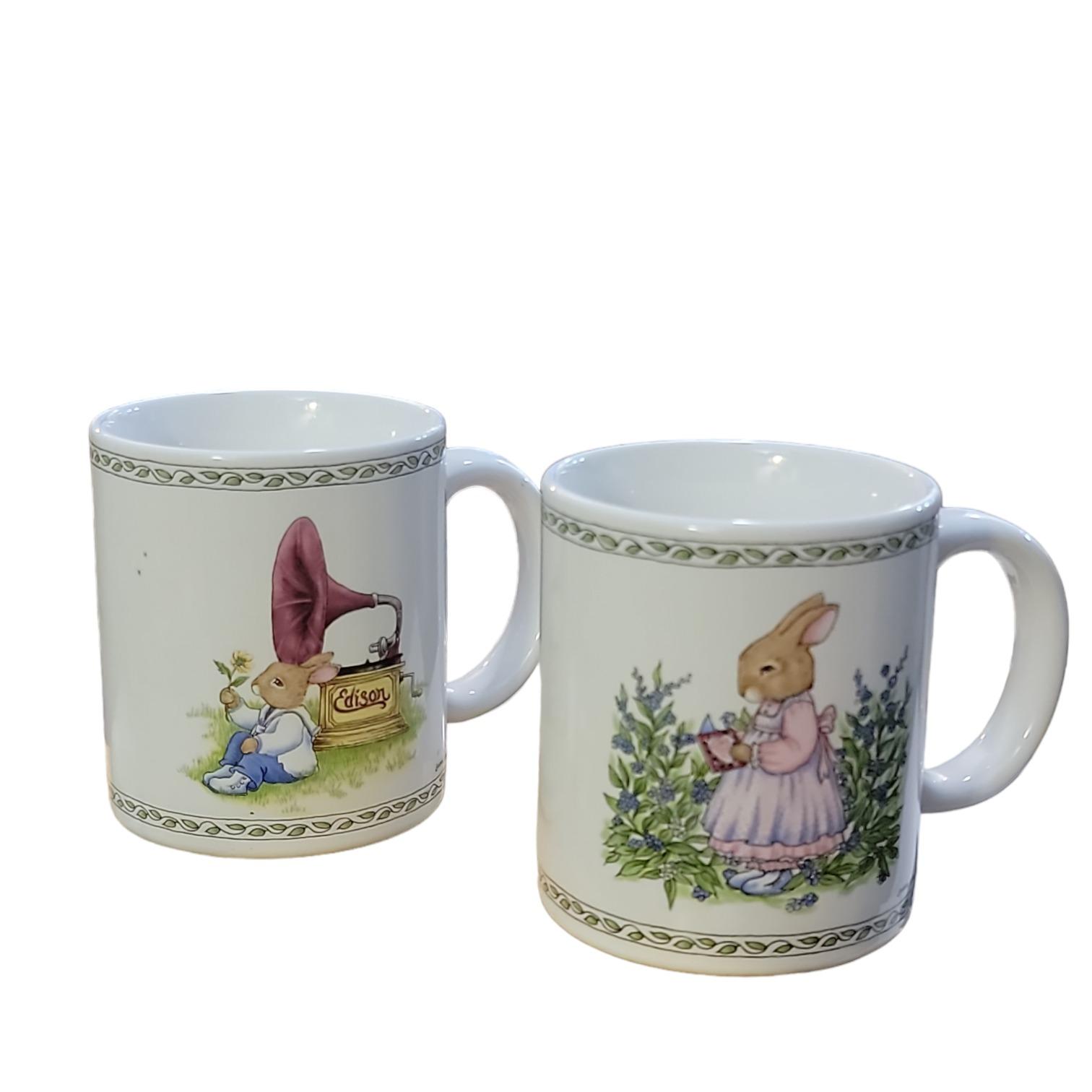 2 Mugs Edison Phonograph Rabbit Susan Labelle Garden Bunny ...