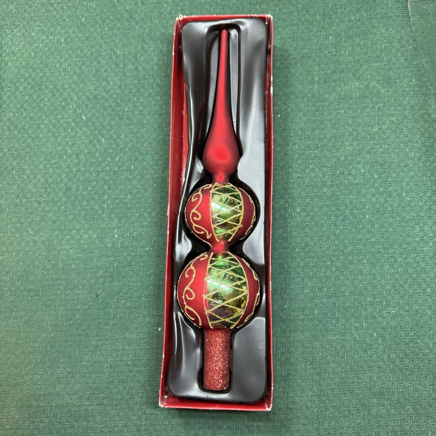 Glass Spire Tree Topper Red Green Glitter 13” Tall