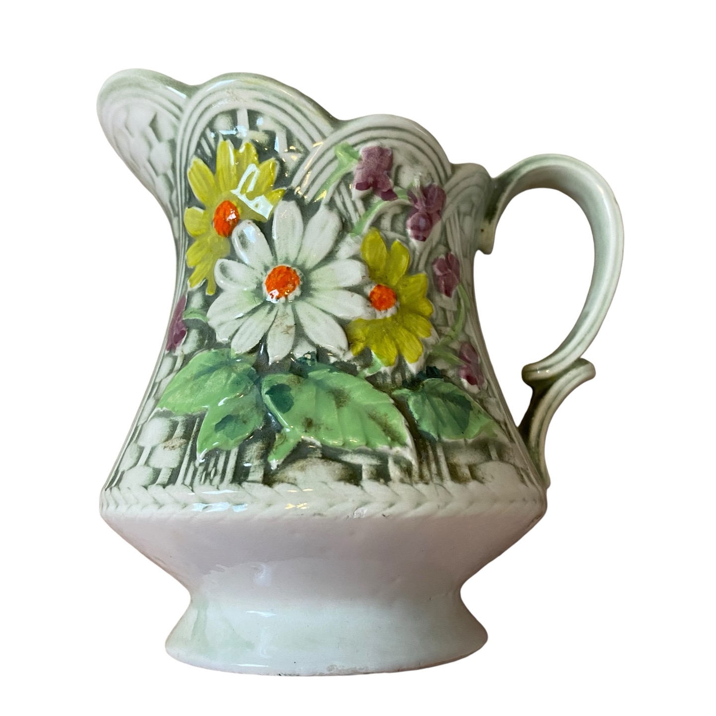 Vintage Relpo Ceramic Porcelain Pitcher #6532 Basket/Flowers Majolica