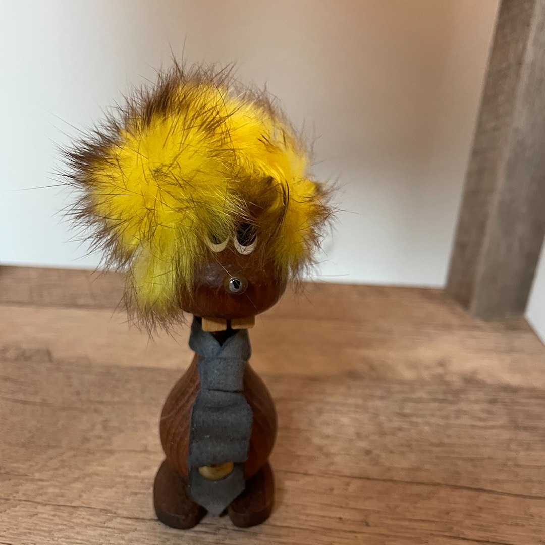 Mid Century Modern Danish Teak Wood Fur Troll Gonk Figurine w/yellow Hair