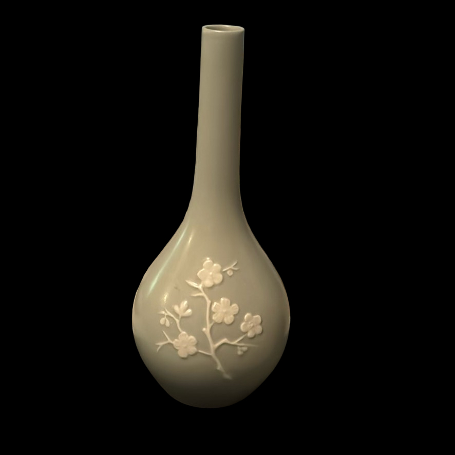 Vintage Copeland Spode England Celadon Green Vase Cherry Blossoms, 8”