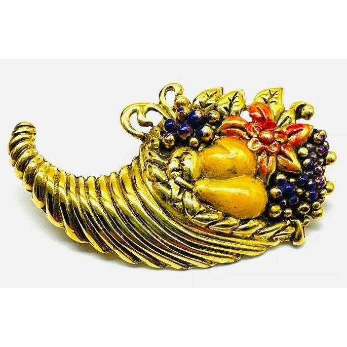 13550 Vintage Cornucopia Pin Gold Tone Enameled Fruit Horn of Plenty ...