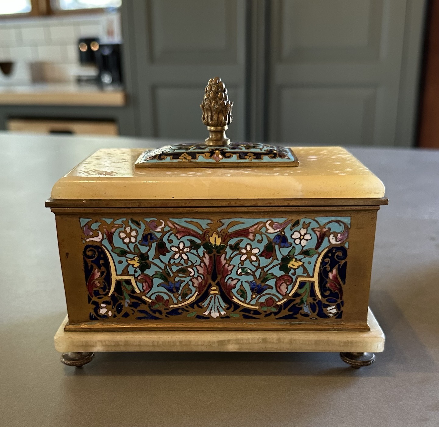 Antique French Enamel Champleve Brass & Onyx Box