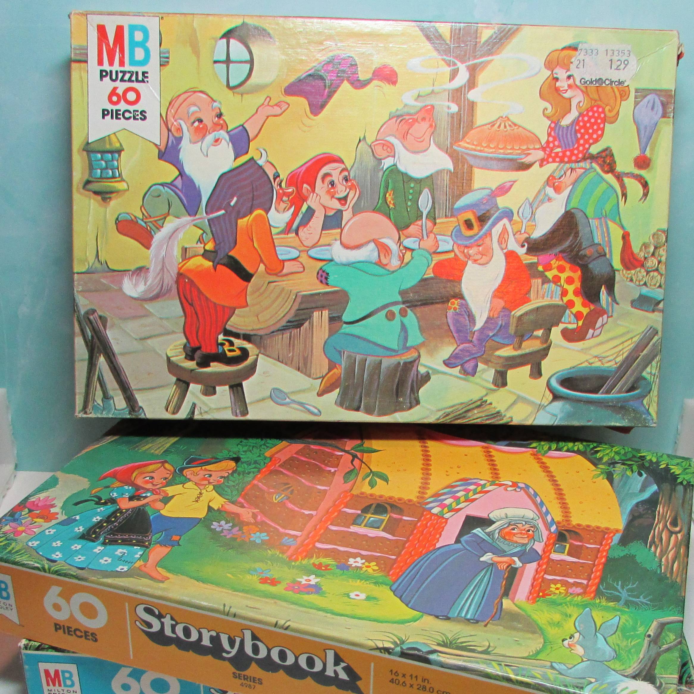lot of 3 vintage Storybook 60 pc puzzle MB Tom Thumb Snow White Hansel ...