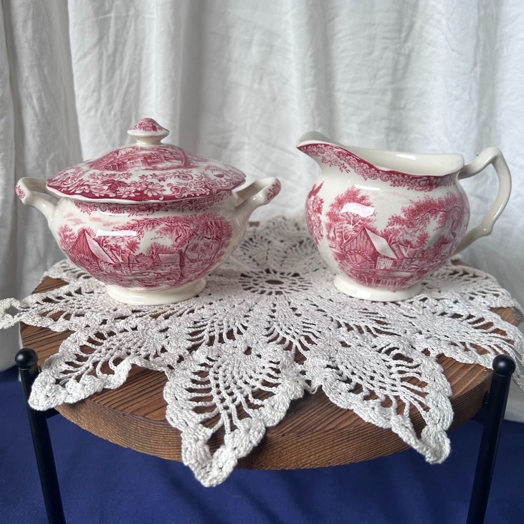 HTF Johnson Brothers Pink Mill Stream Pattern Covered Sugar Bowl And ...