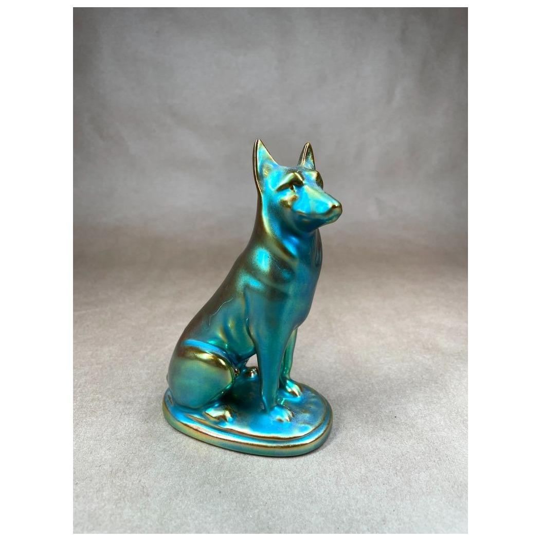 RARE ZSOLNAY Eosin Green Iridescent Glaze German Shepherd Dog Sculpture ...