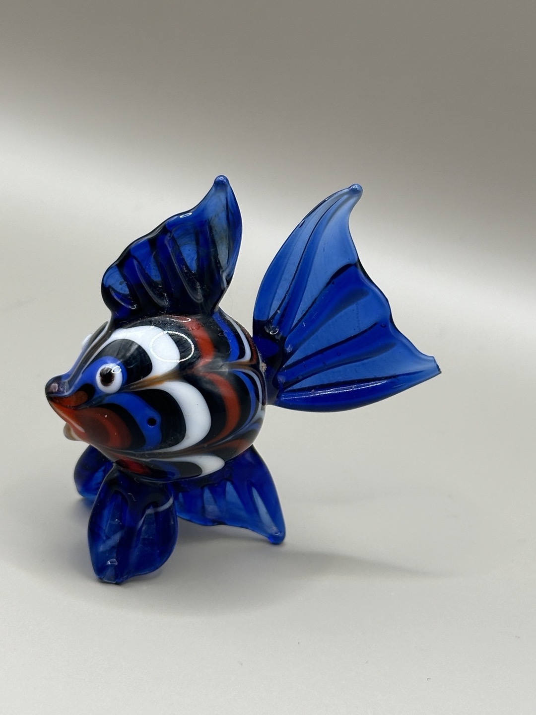 #228 Blown Glass Puffer Fish, Red, White, Blue & Black.