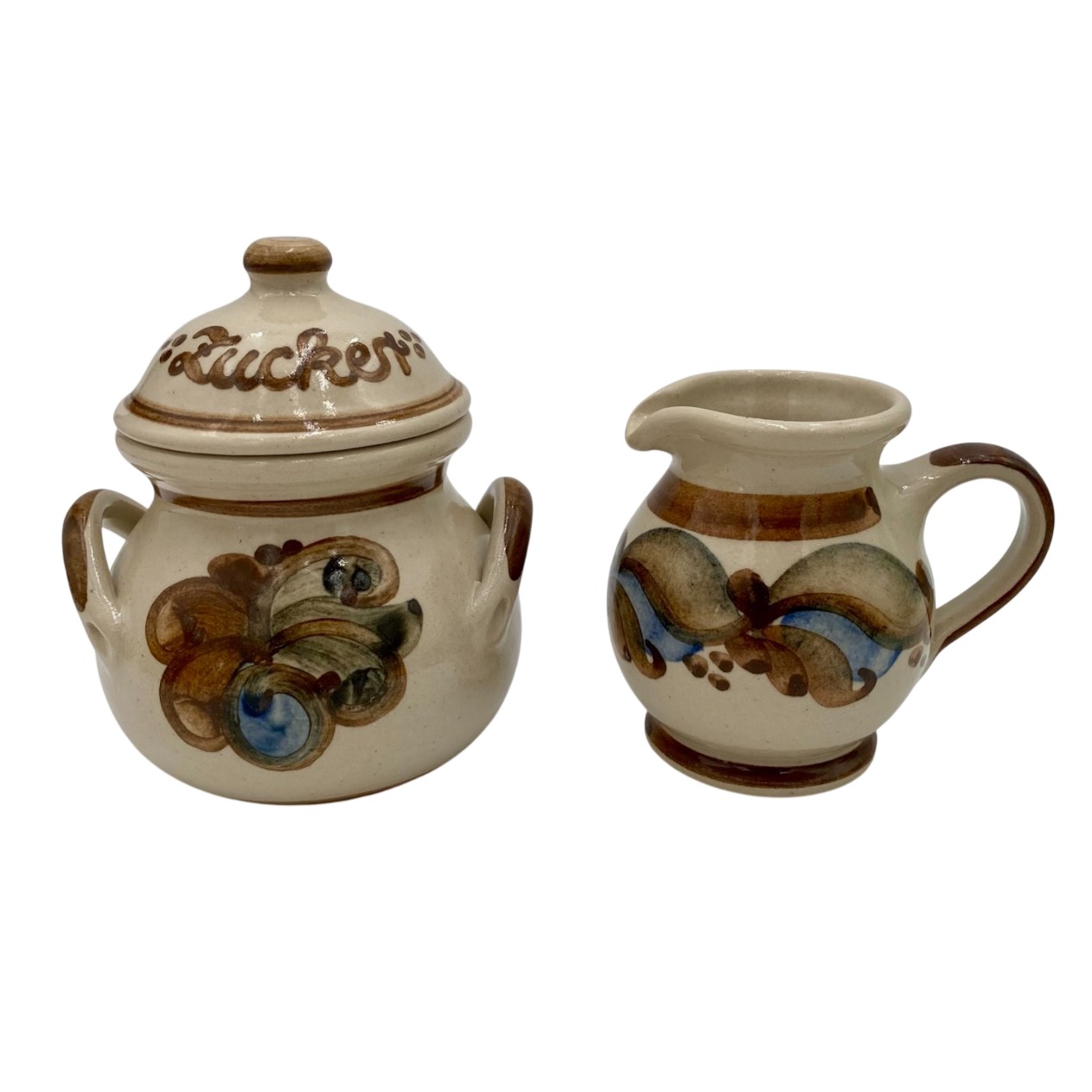 Heyde Keramik (Germany) Creamer and Lidded Sugar, Hand-painted Brown ...