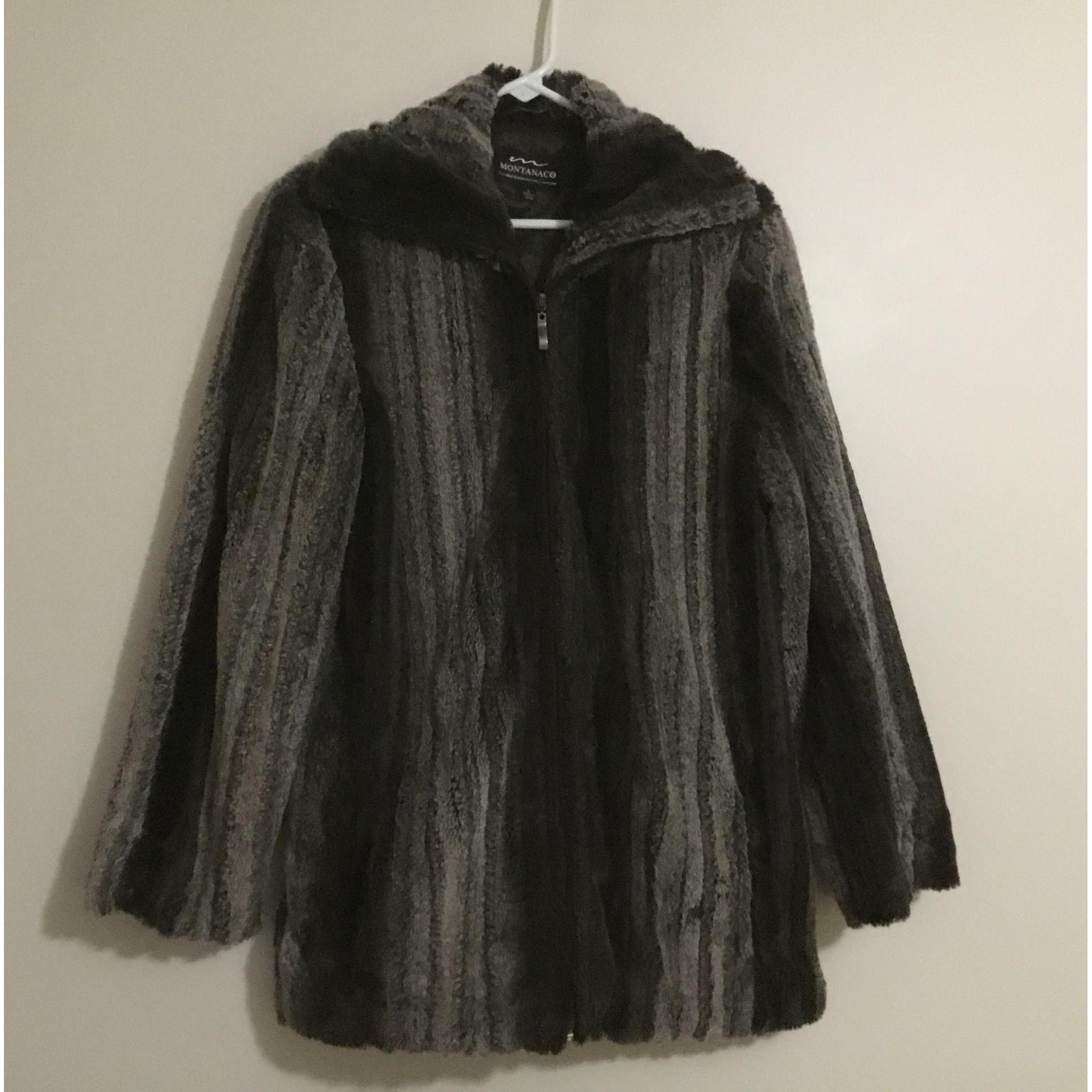 Montanaco faux fur jacket, gray & dk brown stripes, extra soft, women small