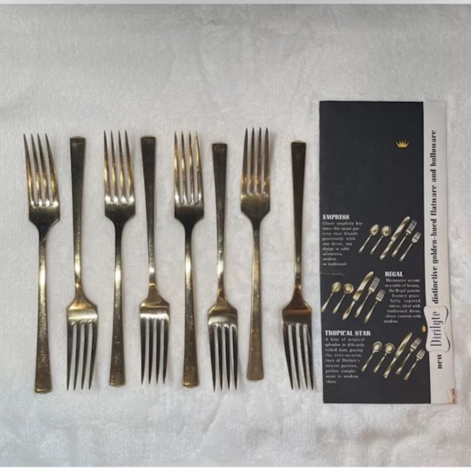 Vintage Dirigold Dirilyte Goldware Empress Flatware 8 Dinner Forks MCM