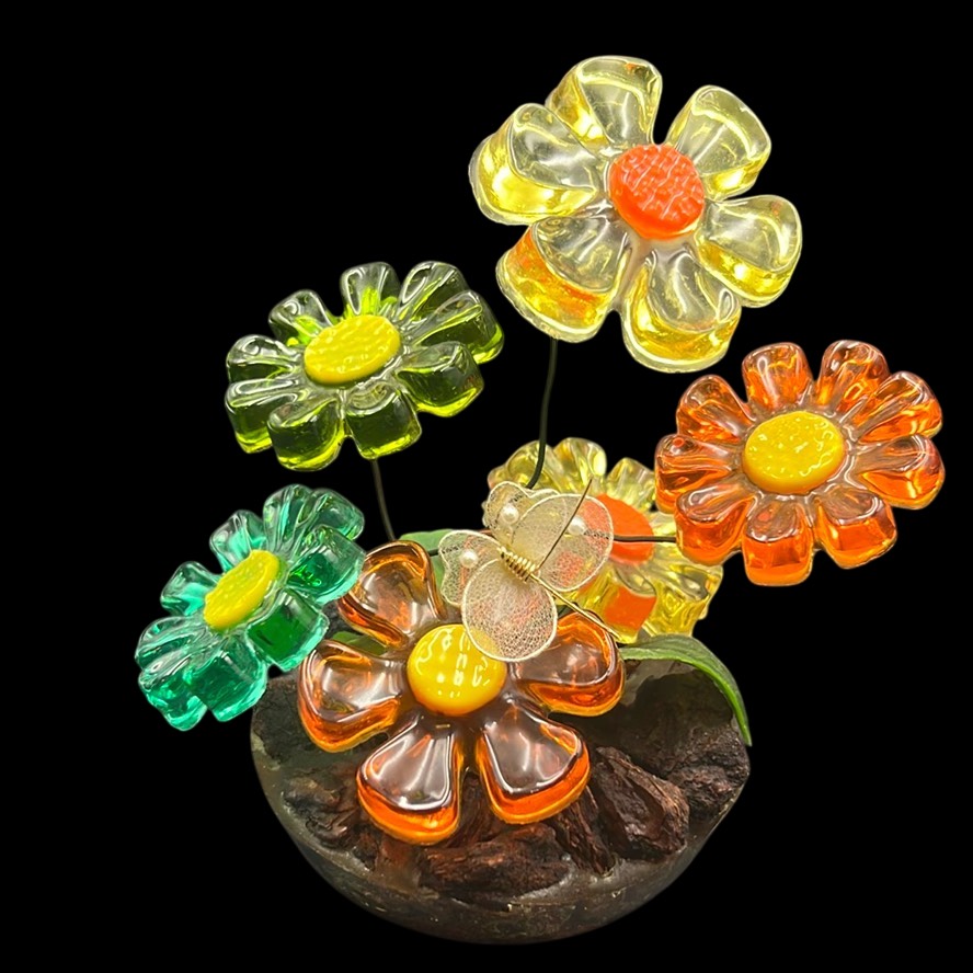 Vintage 1969 Lucite Resin Flowers W Butterfly In Lucite Bark Pot 6” Tall