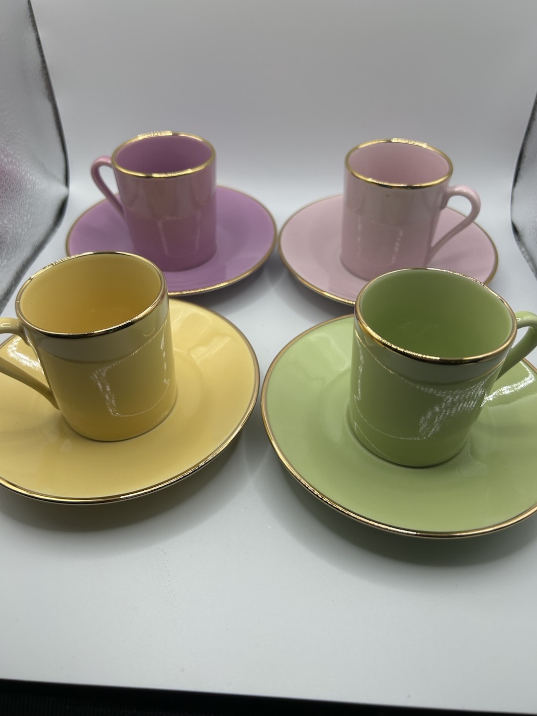 4 Apilco France Porcelain Demitasse Cups & Saucers Pastel Colors