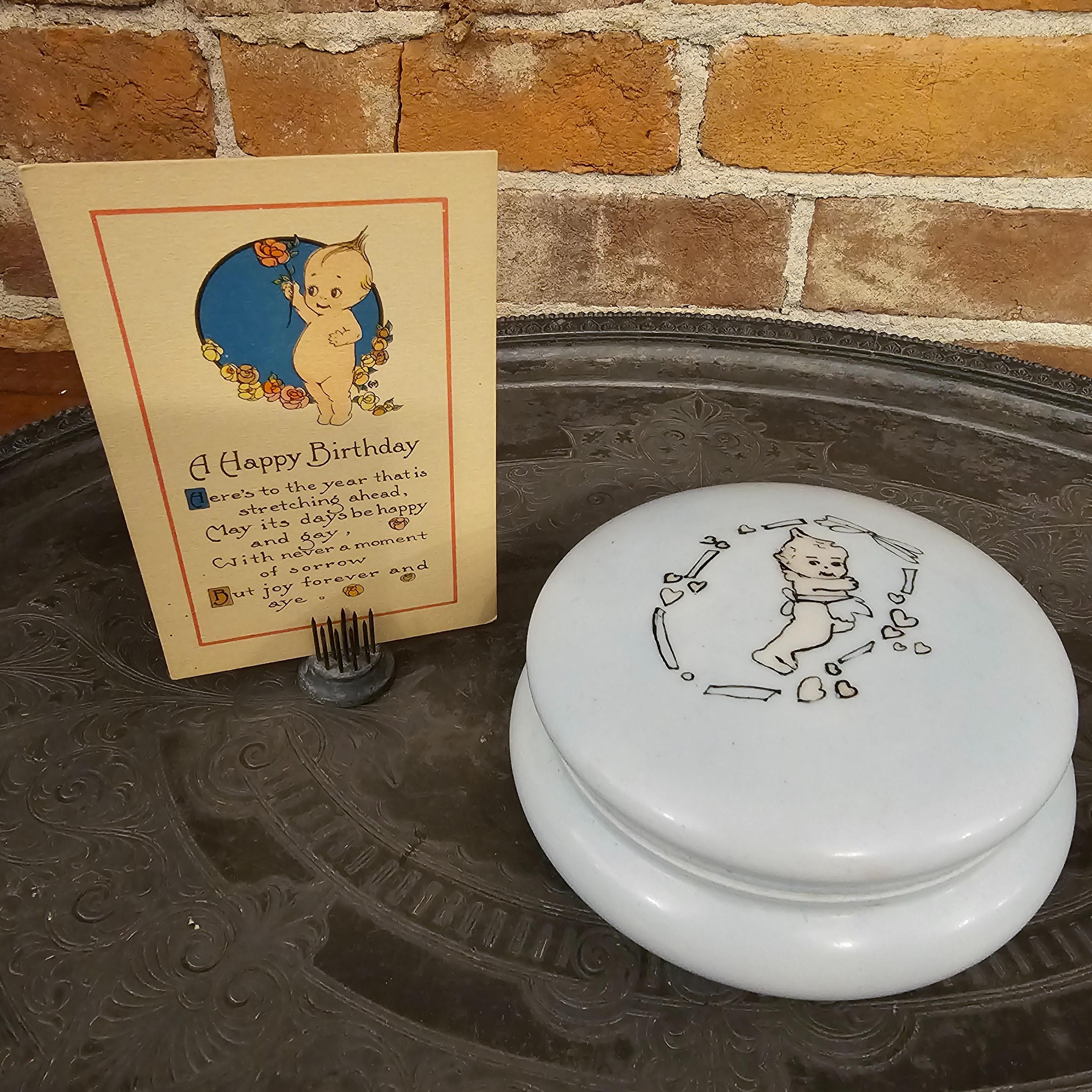 Antique Kewpie Post Card & Ceramic Kewpie Trinket Box Lot