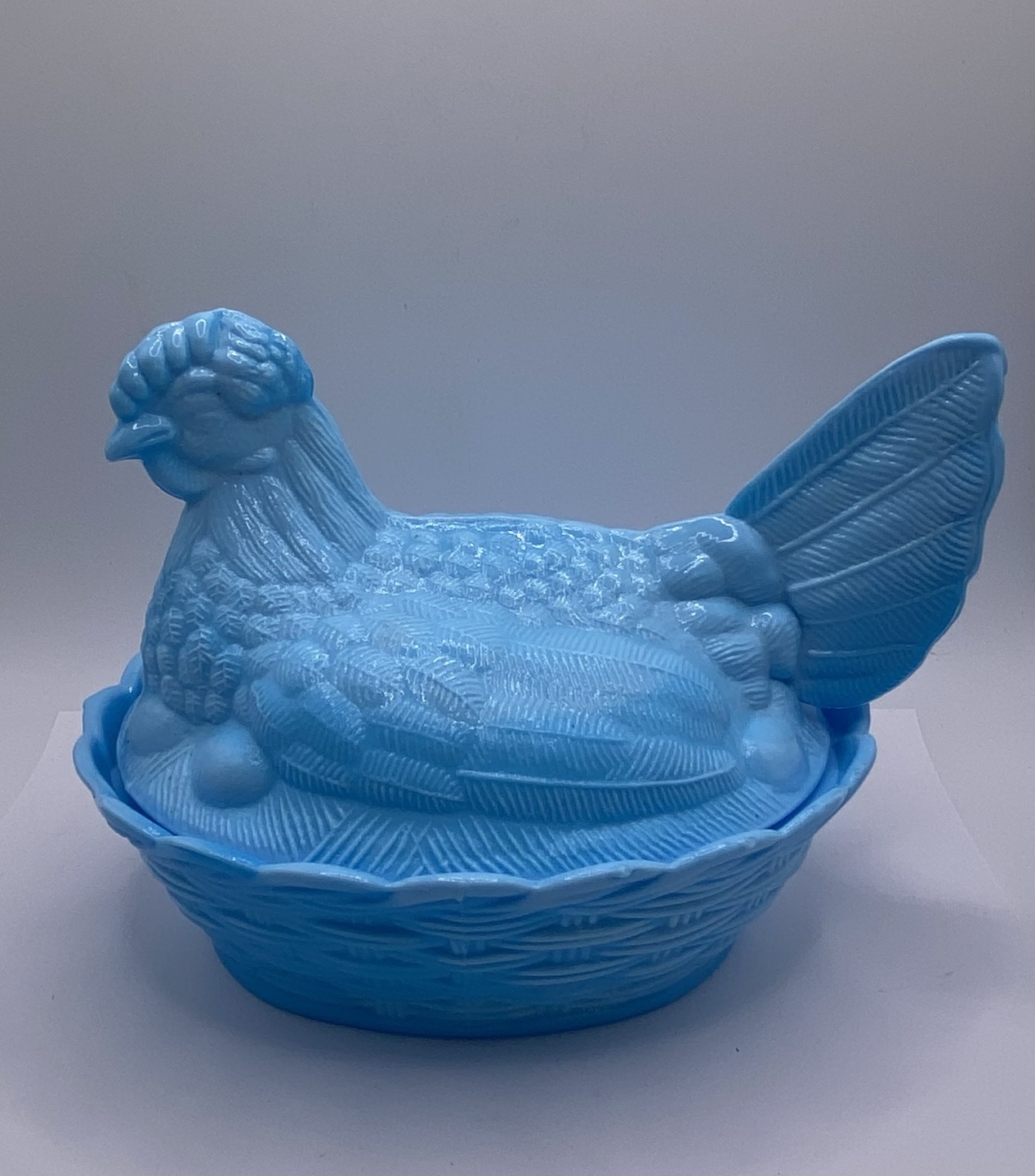 416. Vintage Blue Glass Hen On A Nest Covered Dish
