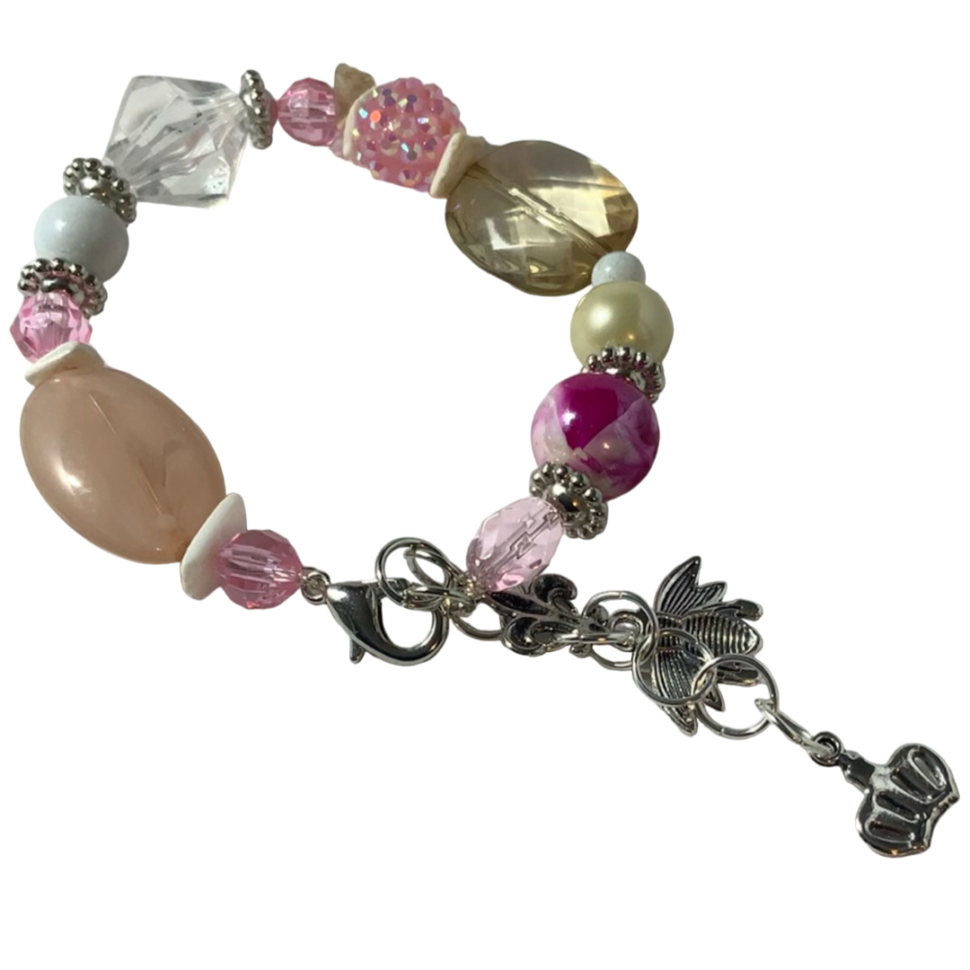 Handcrafted Beaded Blush Pink Color Bracelet Silver Tone Honey White ...