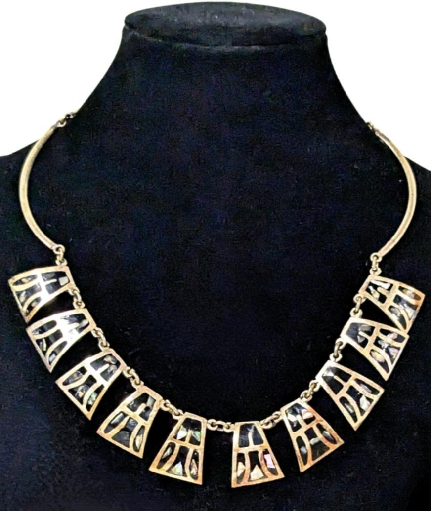 Vintage Alpaca Silver & Abalone Shell Necklace Stamped Mexico