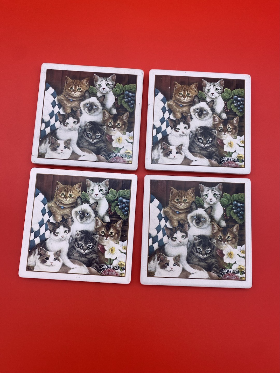Vintage Set of 4 Stone Art Cat Themed Square Drink Coasters - Cork Bottoms