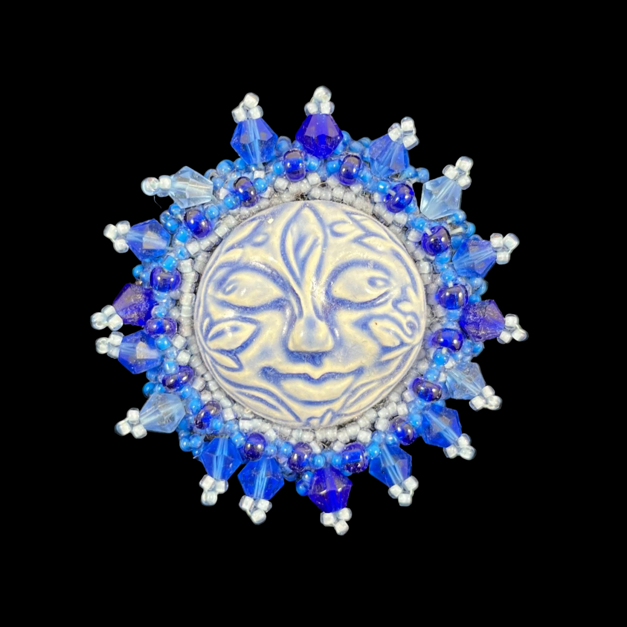 Beaded And Ceramic Moon Face Planet Brooch