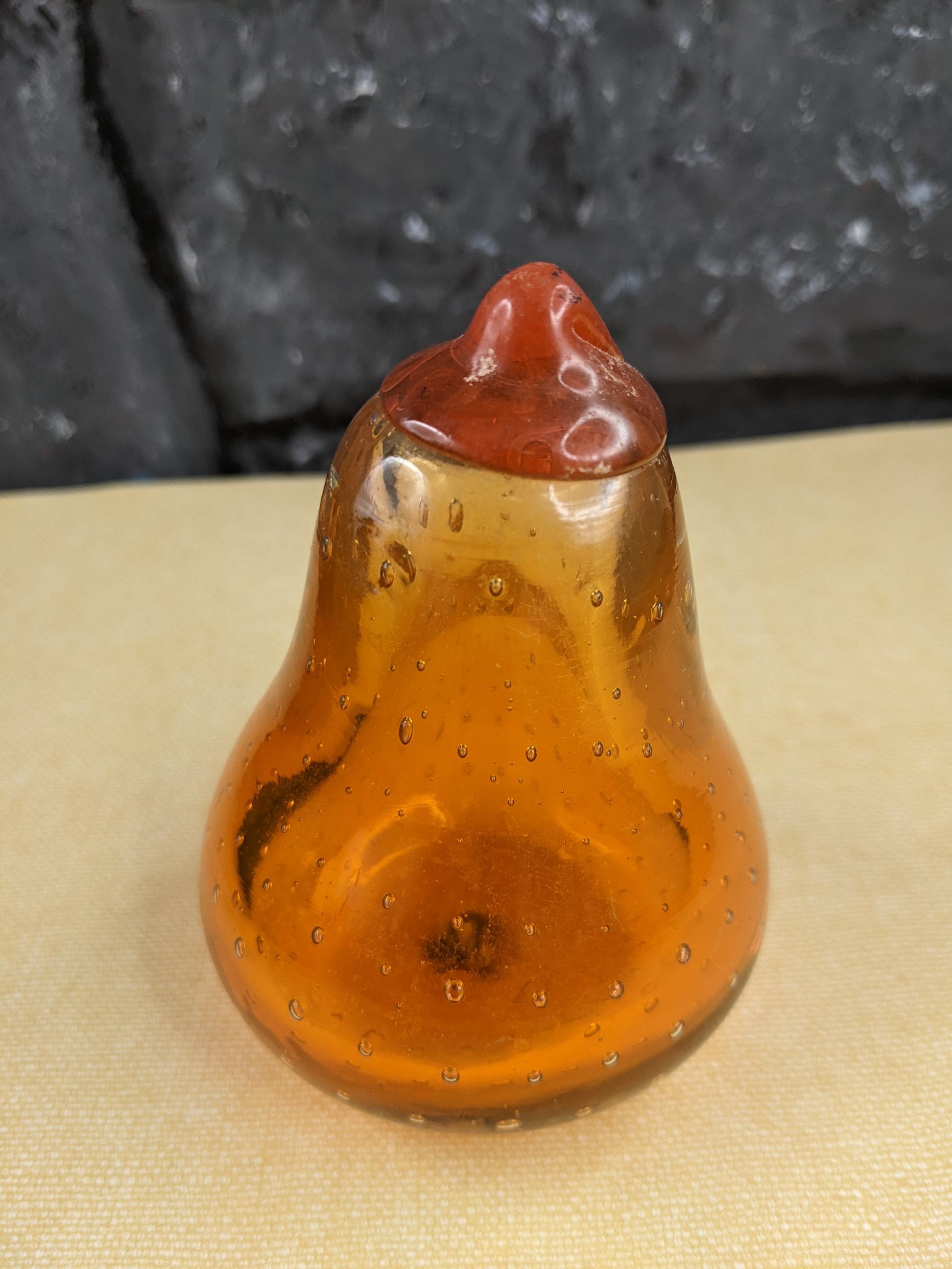 Blown Glass Pear Paperweight Orange With Bubbles Vintage Mid Century ...