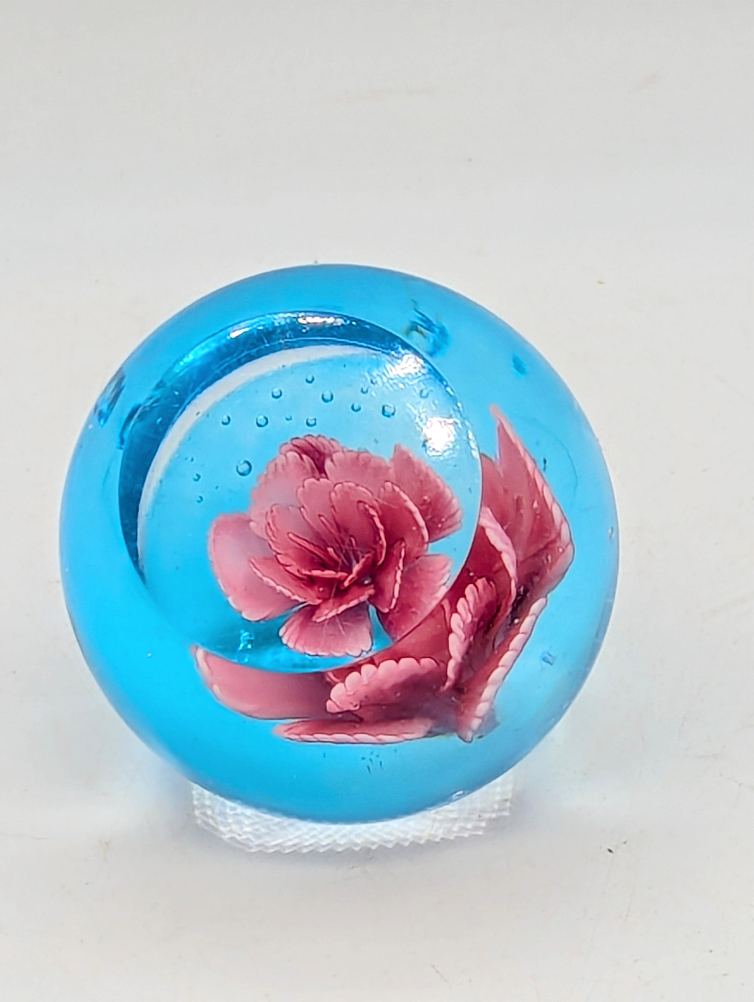 Art Glass Paperweight With Pink Flower Encased In Glass With Clear To ...