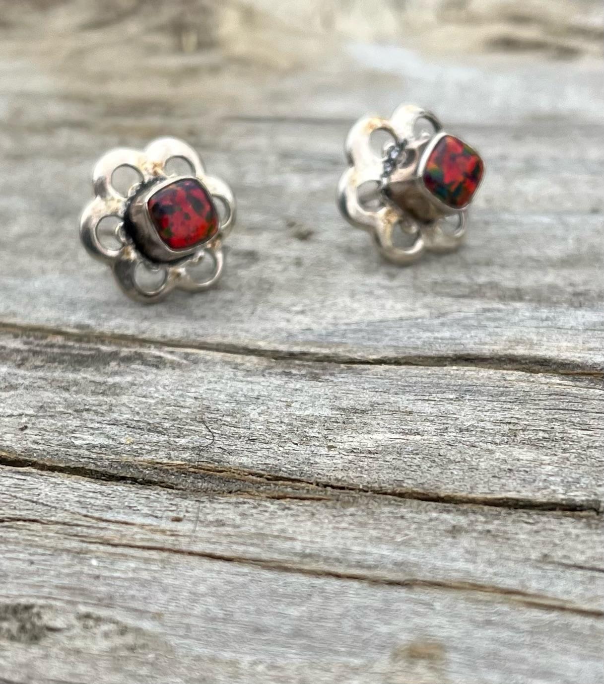 Vintage lab created Fire Opal 925 Sterling Silver Post Stud Earrings