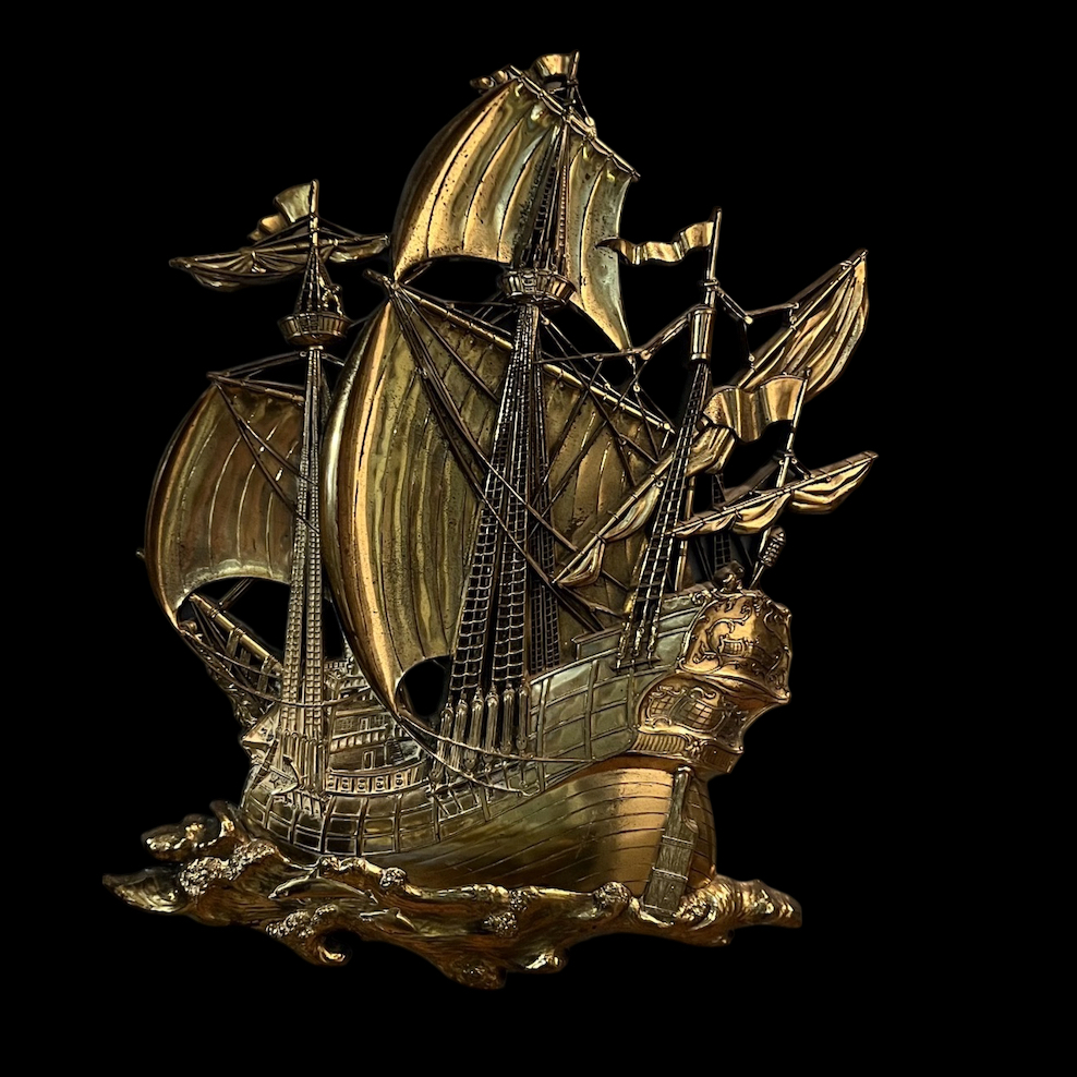 Vintage 1958 Dart Industries #3663 Pirate Ship Shiny Gold Wall Art 28”x25”