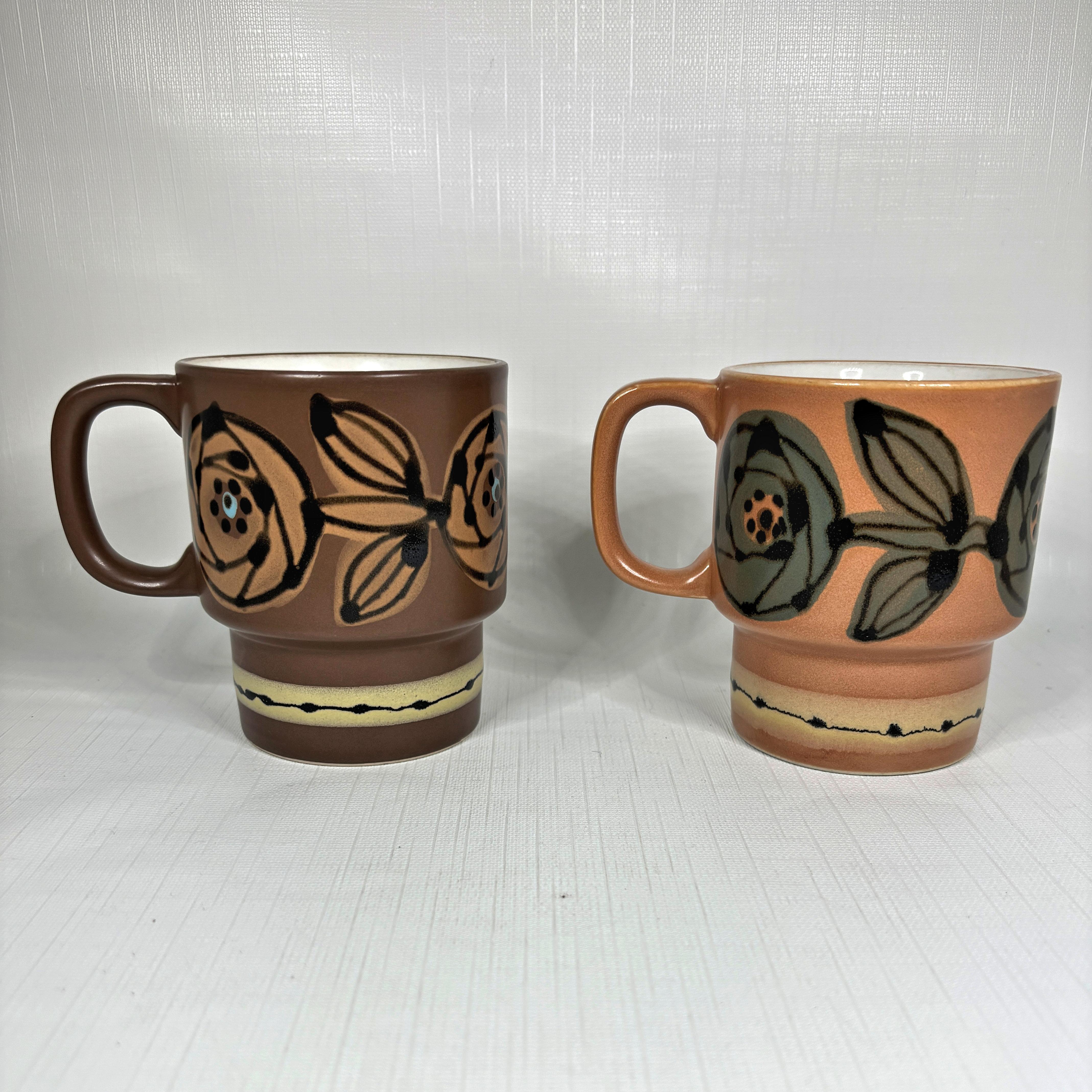 1990s Floral Ceramic Stacking Mugs Set 2 Retro Cottage Core Coffee Cup ...