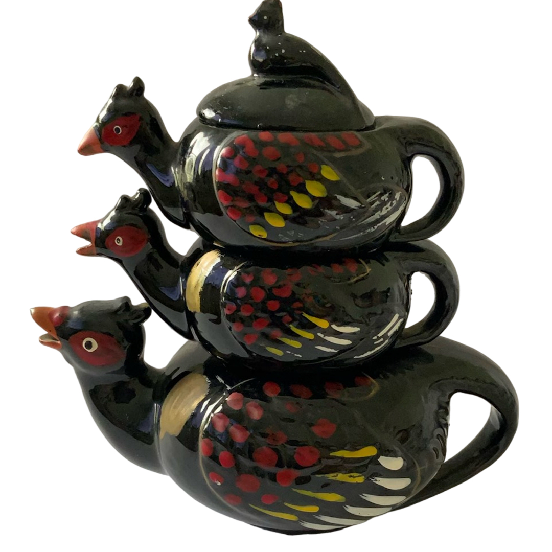 Vintage Stackable Chicken Teapot Creamer & Sugar Bowl Hand Painted And ...