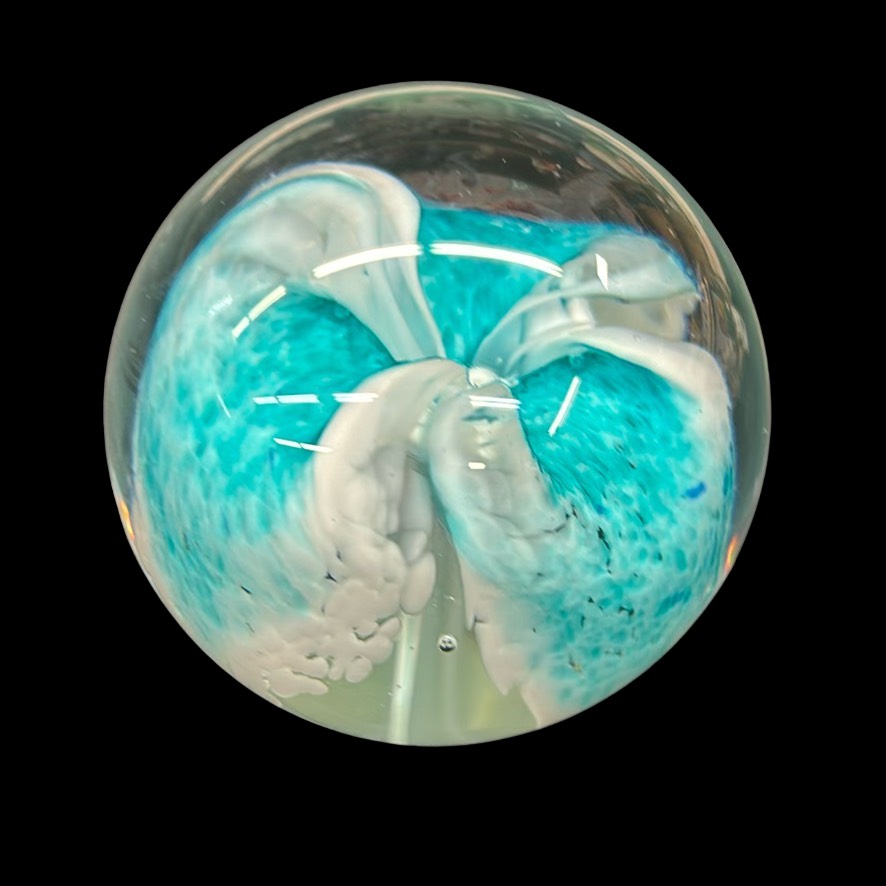 Glass Eye Studio 1993 Teal & White Floral Paperweight Stunning 🤩