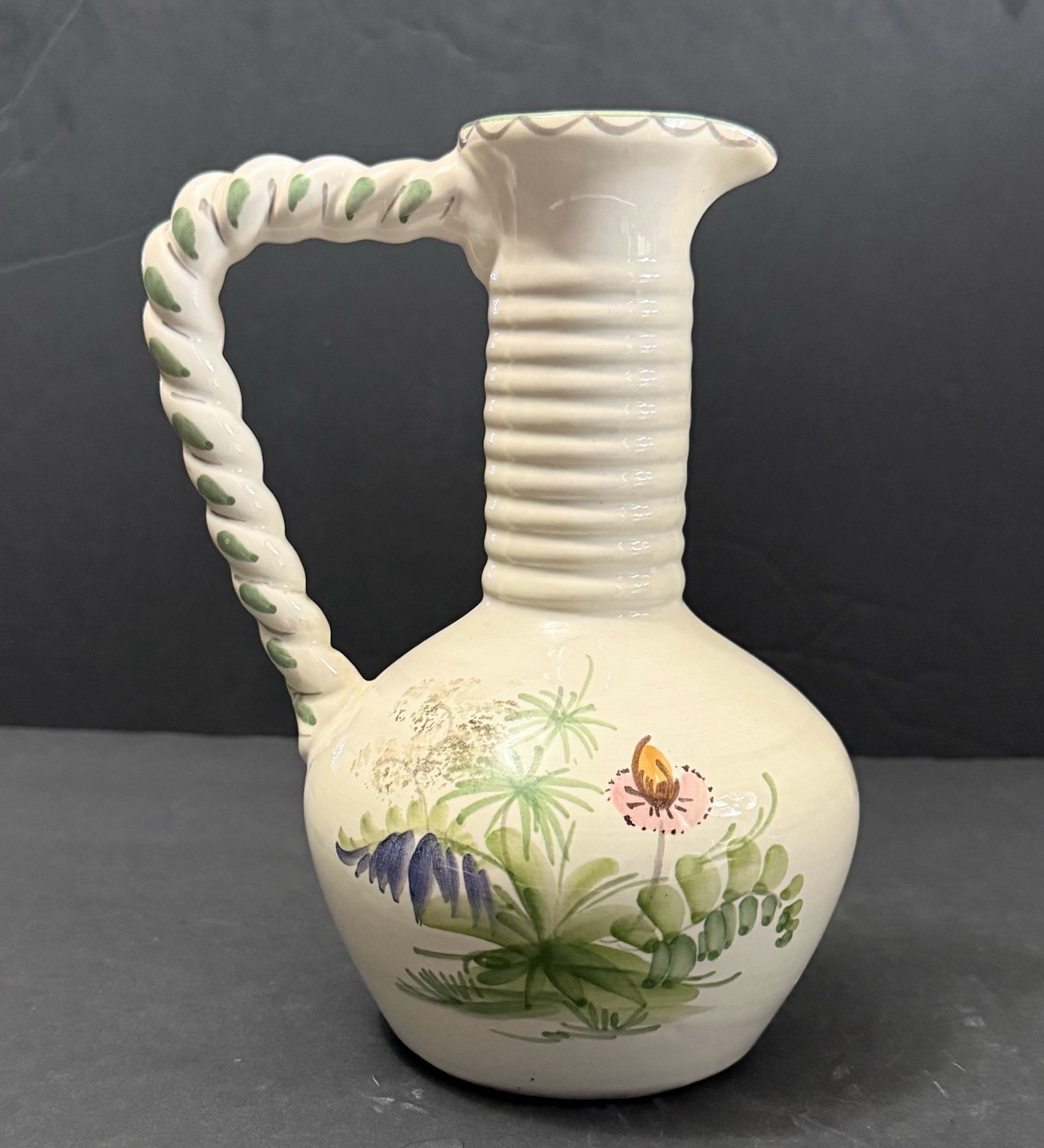 Hand Painted Vtg Ulcer Keramik Flowered Pitcher W Twisted Handle West ...