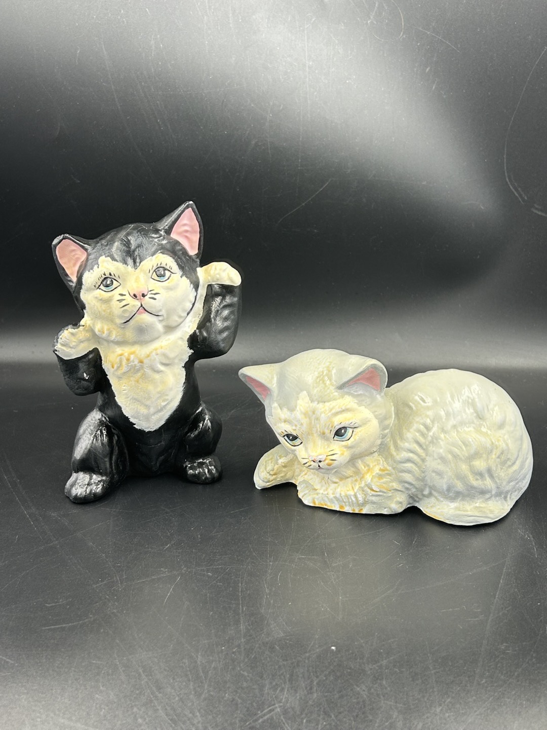 2 Vintage Hand Painted Chalkware Cat Figurines