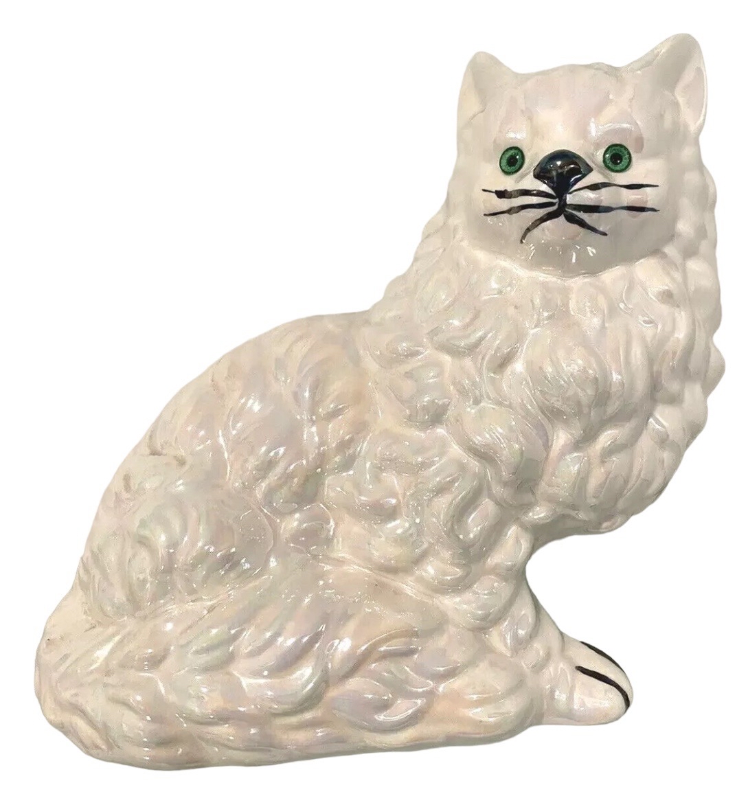 1970's White Persian Cat Statue Large Figurine Green Eyes Ceramic 9" T ...