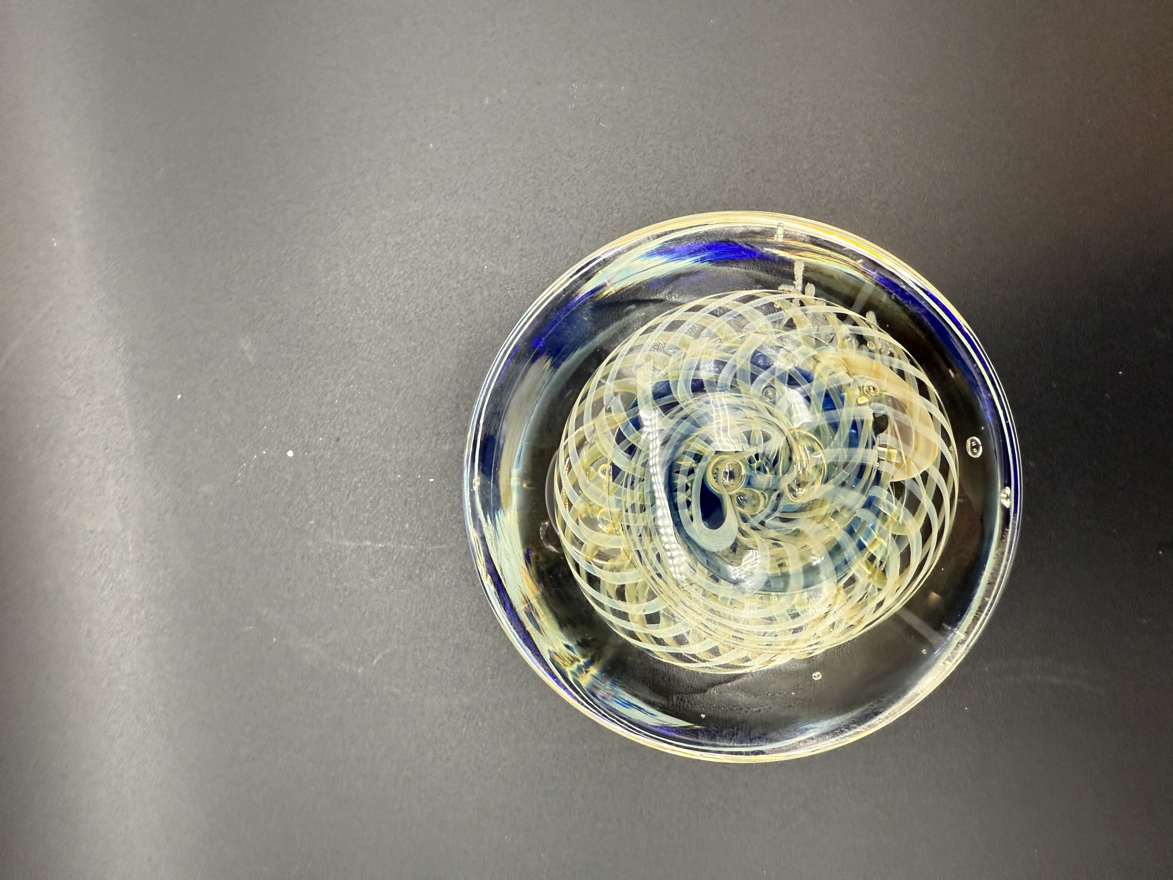 Artist Signed Paperweight Blue and Yellow Swirls (unable to tell signature)